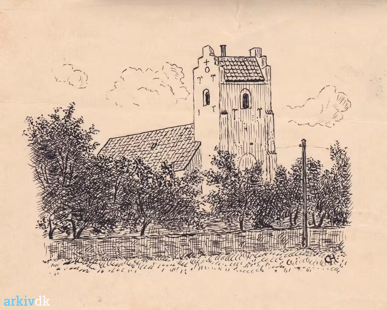 arkiv.dk | Dover Kirke, Alkenvej 1 ved Ry. Tegning af Chr. Heilskov.