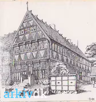 arkiv.dk | Aftryk af tegning brugt som illustration af "Henner Frisers Hus", Brogade 8.