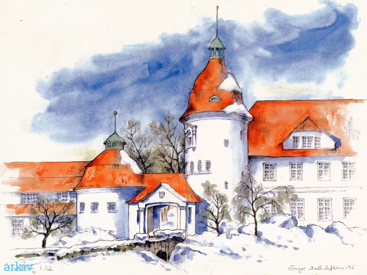 arkiv.dk | Nordborg Slot, akvarel af Inger Detlefsen.