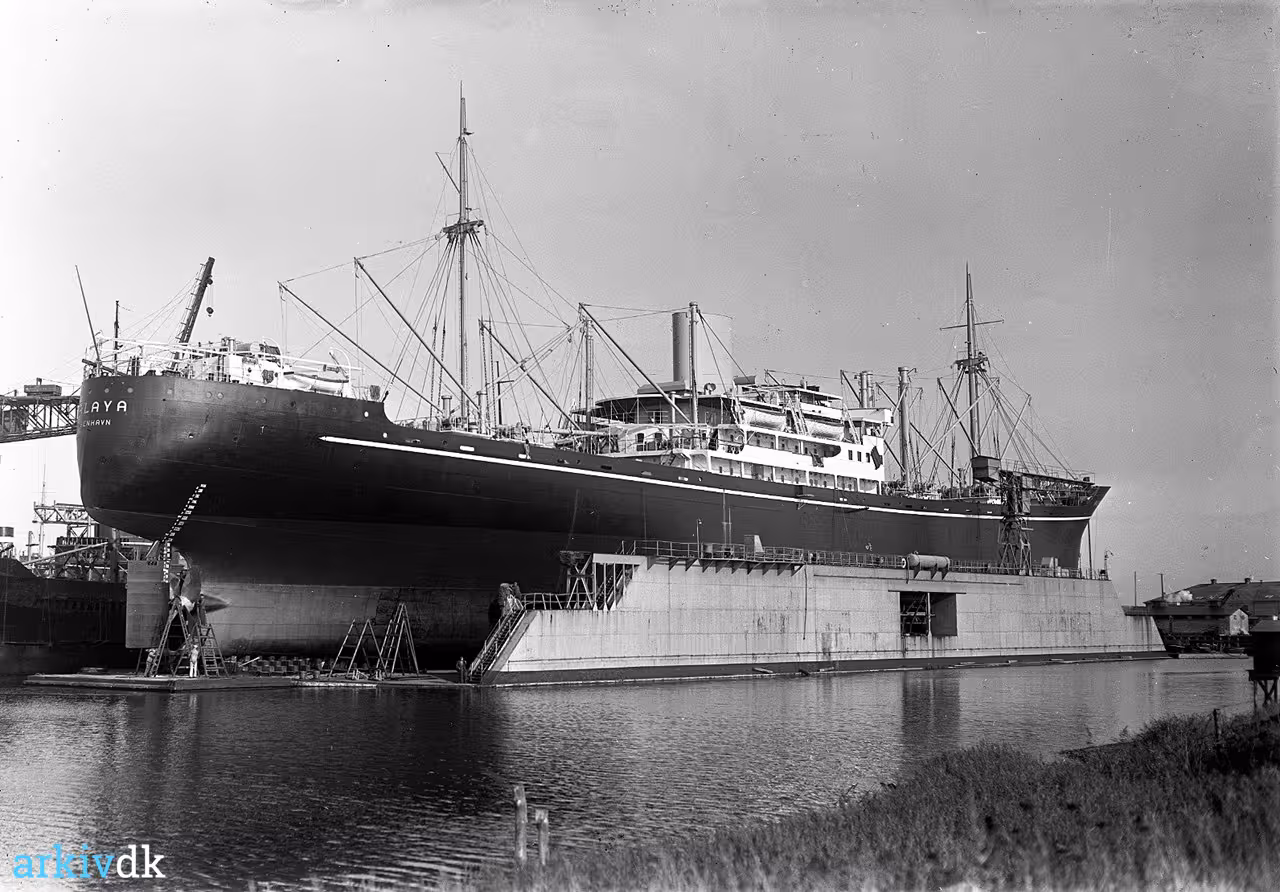 arkiv.dk | Nybygning nr. 96 M/S Malaya i dok, set fra agter