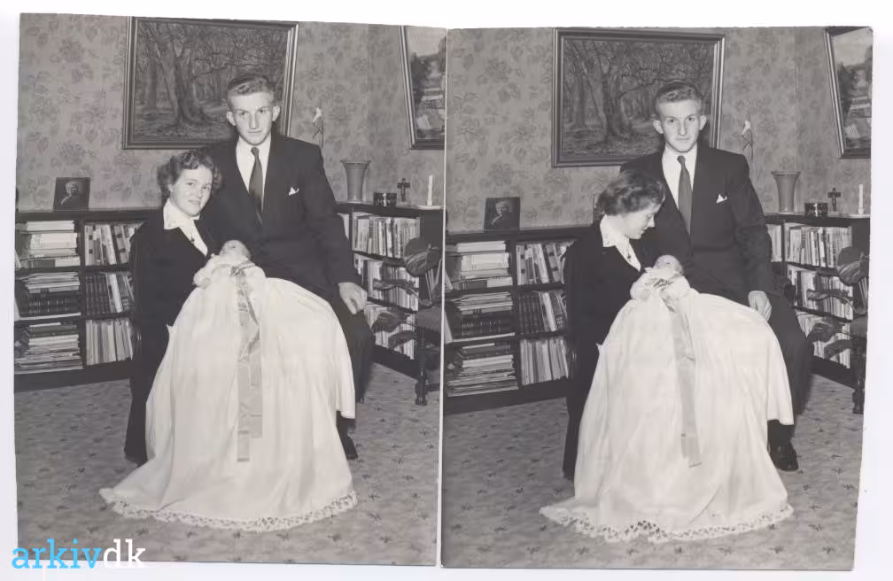 arkiv.dk | Dåbsbillede, Birthe og Arne Fausing, Kalvehavegård, Kappel