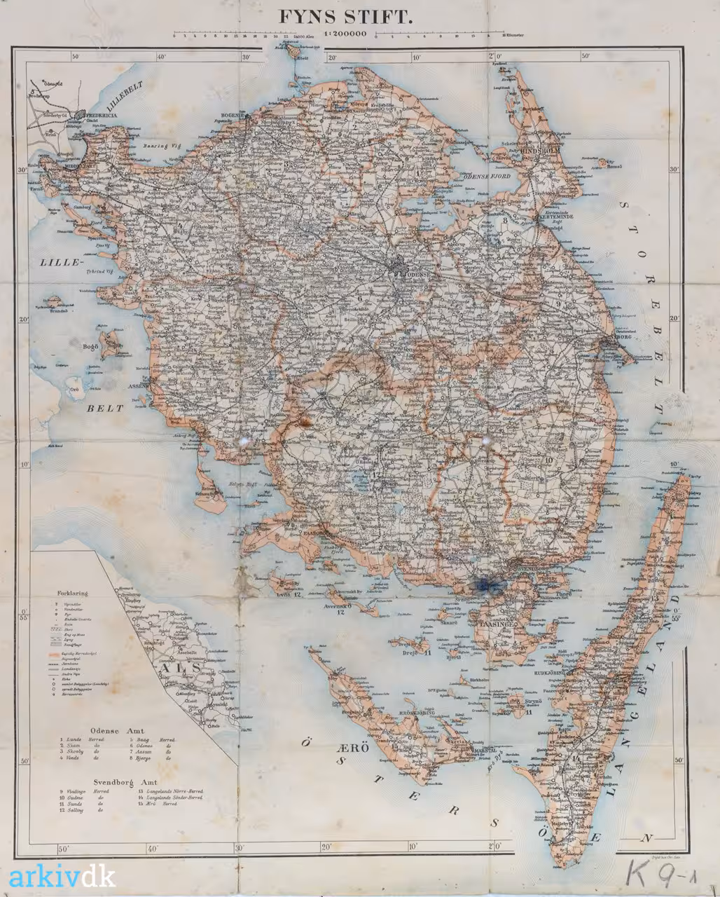 arkiv.dk | 2 topografiske kort over Fyn. 1895-1910. Mål 1:200.000 og 1. ...