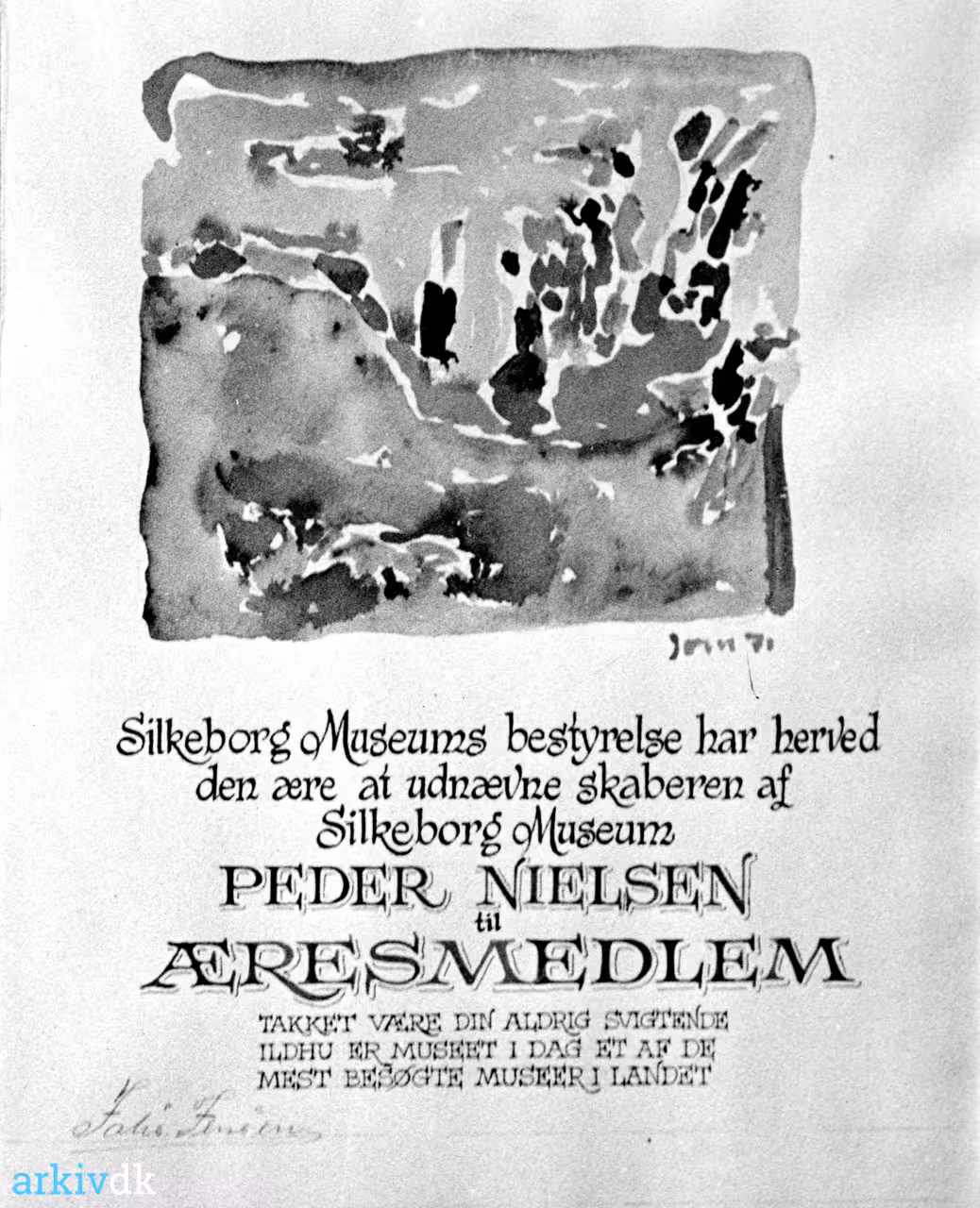 arkiv.dk | Æresmedlemsbevis: Peder Nielsen udnævnes til æresmedlem af Silkeborg Museum